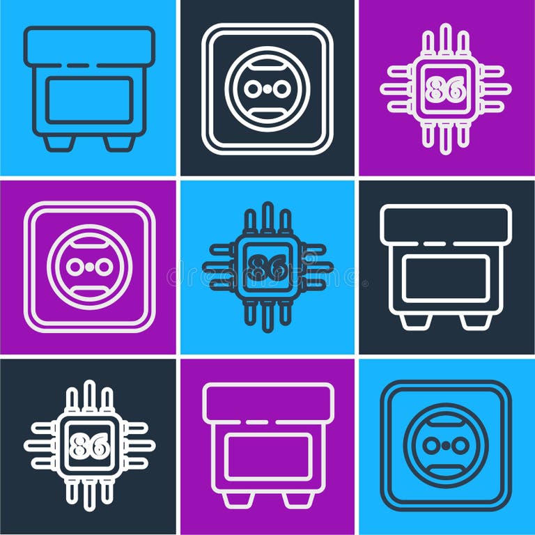 Set Line Fuse, Processor with Microcircuits CPU and Electrical Outlet Icon. Vector Stock Vector ...