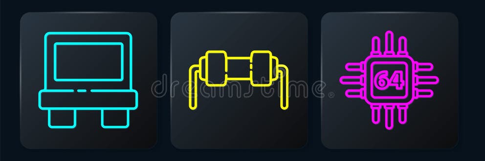 Set Line Fuse, Processor with Microcircuits CPU and Resistor Electricity. Black Square Button ...