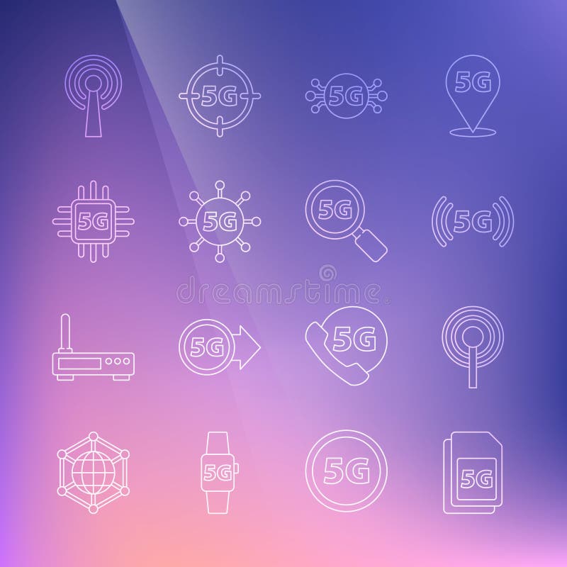 Set Line 5G Sim Card, Antenna, Network, Processor, and Search Icon ...