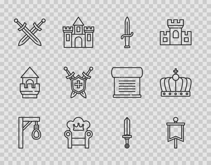 Set Line Gallows, Medieval Flag, Dagger, Throne, Crossed Medieval Sword ...