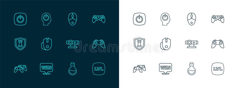 Set Line Game Controller Or Joystick Medal Web Camera Bottle With Magic Elixir Computer