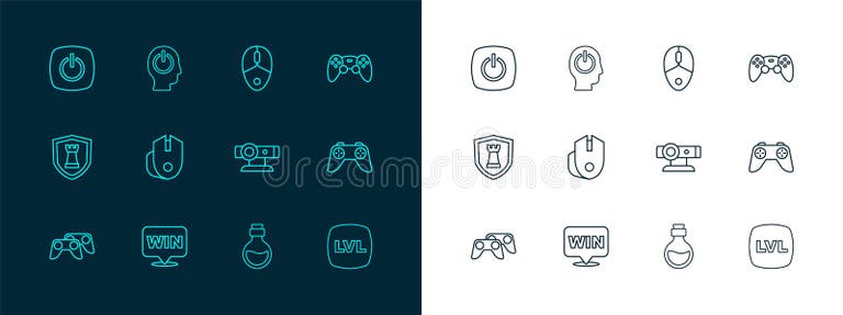 Set Line Game Controller or Joystick, Medal, Web Camera, Bottle with Magic Elixir, Computer ...