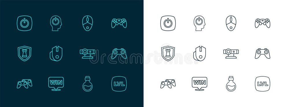 Set Line Game Controller Or Joystick Medal Web Camera Bottle With Magic Elixir Computer