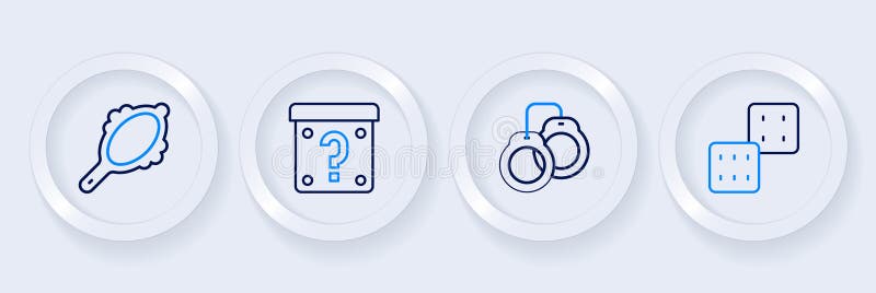 Set Line Game Dice, Handcuffs, Mystery Box and Magic Hand Mirror Icon. Vector Stock Illustration ...