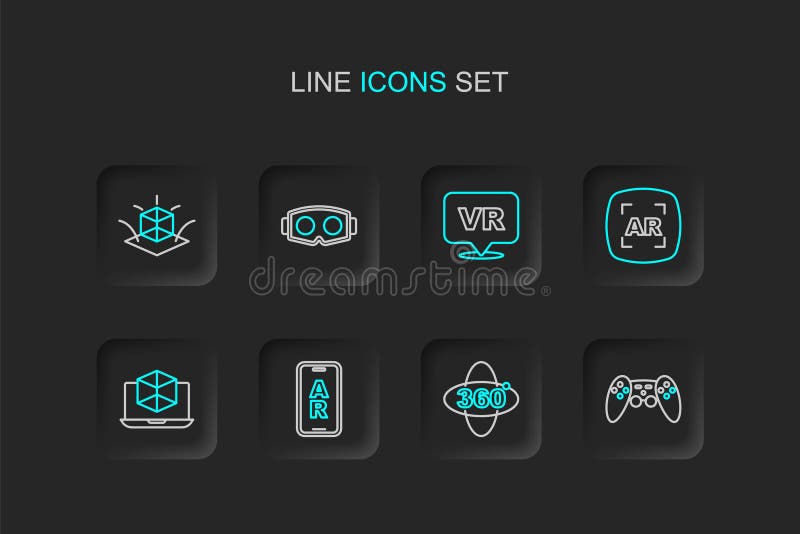 Set Line Gamepad, 360 Degree View, Augmented Reality AR, 3d Modeling, Virtual, Glasses and Icon ...