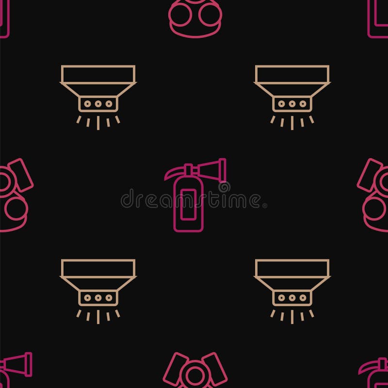 Set Line Gas Mask, Fire Sprinkler System and Extinguisher on Seamless ...