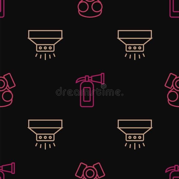 Set Line Gas Mask, Fire Sprinkler System and Extinguisher on Seamless ...