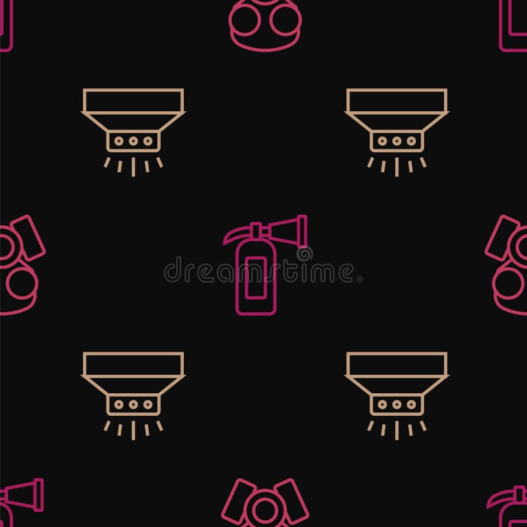 Set Line Gas Mask, Fire Sprinkler System and Extinguisher on Seamless ...