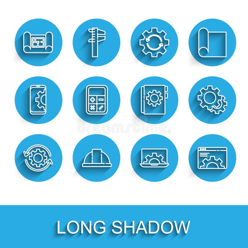 Set Line Gear and Arrows As Workflow, Worker Safety Helmet, House Plan ...