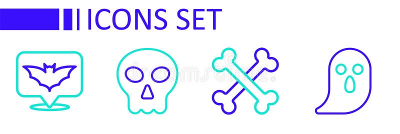Set Line Ghost, Crossed Bones, Skull and Flying Bat Icon. Vector Stock ...