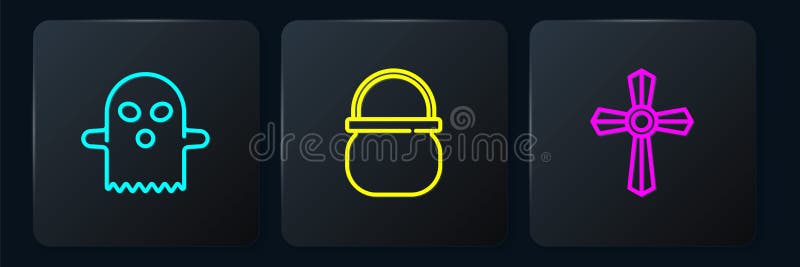 Set Line Ghost, Tombstone with Cross and Halloween Witch Cauldron ...