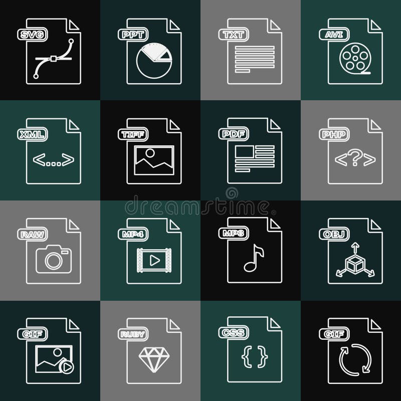 Set Line Gif File Document Obj Php Txt Tiff Xml Svg E Icono Pdf. Vector ... Set Line Gif File Document Obj Php Txt Tiff Xml Svg E Icono Pdf. Vector ...