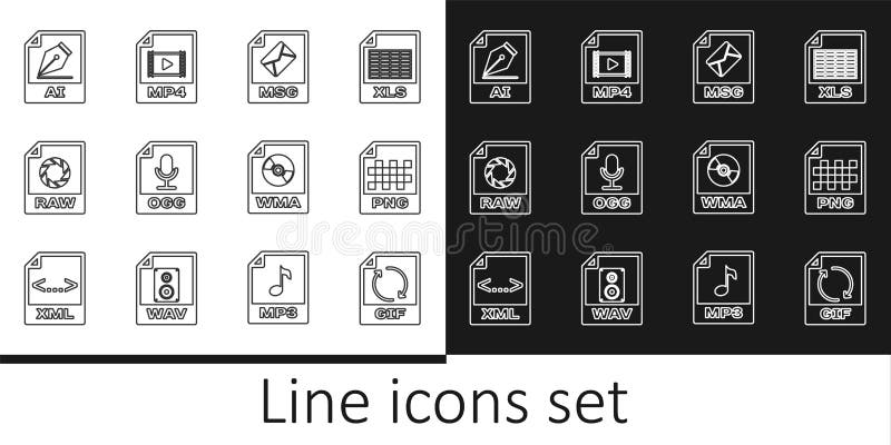 Set Line GIF File Document, PNG, MSG, OGG, RAW, AI, WMA and MP4 Icon ... Set Line GIF File Document, PNG, MSG, OGG, RAW, AI, WMA and MP4 Icon ...