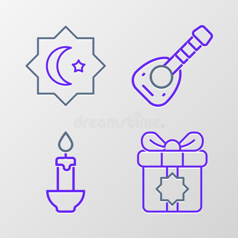Set Line Gift Box, Burning Candle, Lute and Octagonal Star Icon. Vector ...