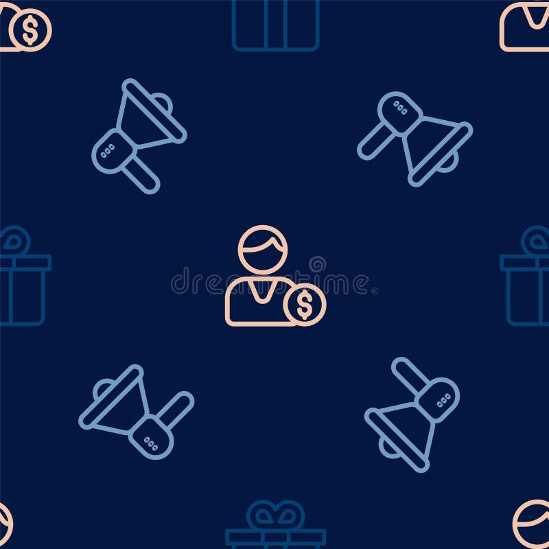 Set Line Gift Box, Megaphone and Buyer on Seamless Pattern. Vector ...