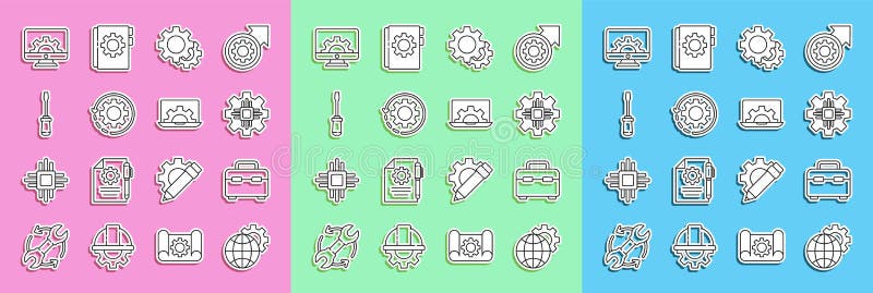 Set Line Globe of the Earth and Gear, Toolbox, Processor, Gear, Arrows ...