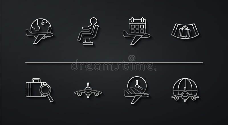 Set Line Globe with Flying Plane, Lost Baggage, Conveyor Belt Suitcase ... Set Line Globe with Flying Plane, Lost Baggage, Conveyor Belt Suitcase ...