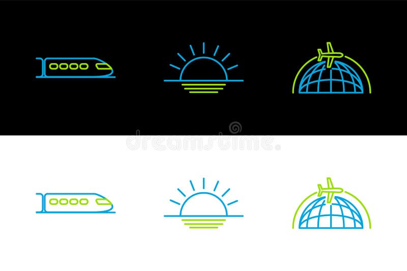 Set Line Globe with Flying Plane, Train and Sunset Icon. Vector Stock ... Set Line Globe with Flying Plane, Train and Sunset Icon. Vector Stock ...