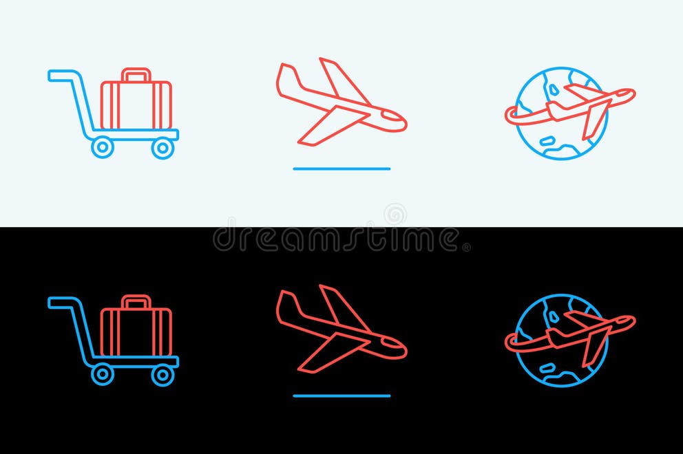 Set Line Globe with Flying Plane, Trolley Baggage and Plane Landing ...