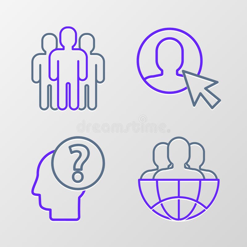 Set Line Globe and People, Human Head with Question Mark, User of in ...