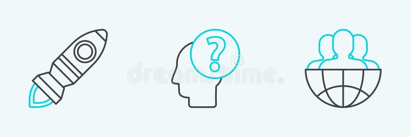 Set Line Globe and People, Rocket Ship with Fire and Human Head ...