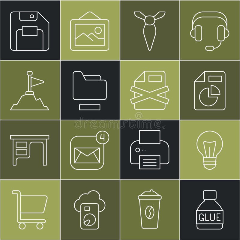 Set Line Glue, Light Bulb, Document with Graph Chart, Tie, Folder ... Set Line Glue, Light Bulb, Document with Graph Chart, Tie, Folder ...