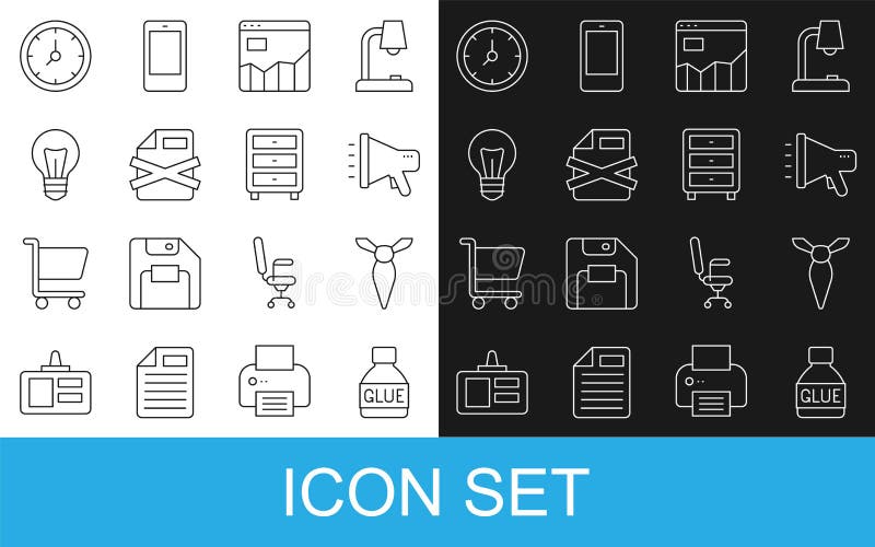 Set Line Glue Tie Megaphone Graph Chart Infographic Delete File Document Light Bulb Clock