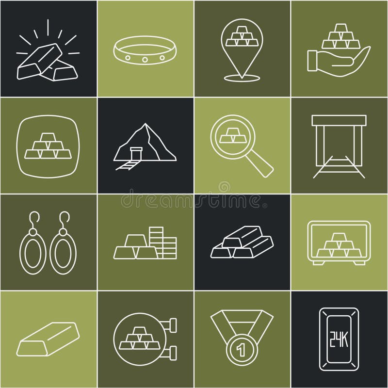 Set Line Gold Bars 24k, Safe with Gold, Mine, and Icon. Vector Stock ...