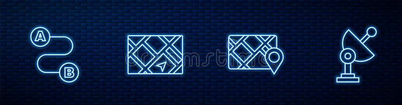 Set Line Gps Device with Map, Route Location, and Radar. Glowing Neon ...