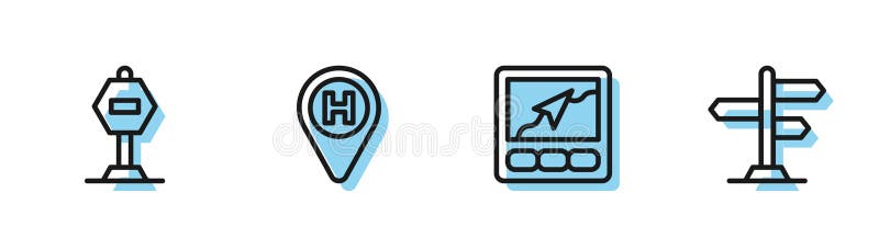 Set Line Gps Device with Map, Stop Sign, Helicopter Landing Pad and ...