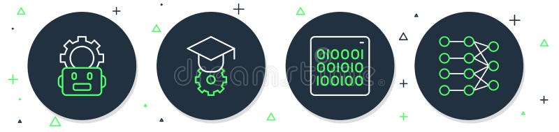Set Line Graduation Cap Binary Code Robot Setting And Neural Network Icon Vector Stock Vector