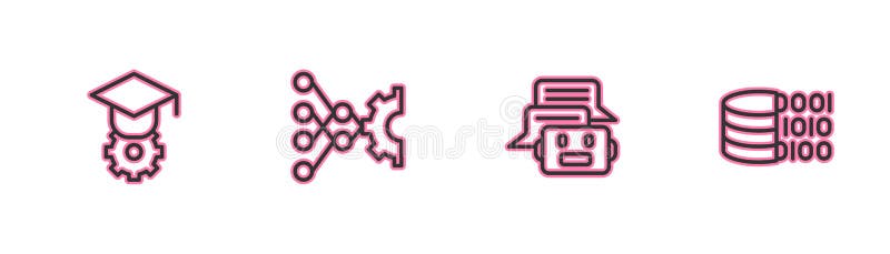 Set Line Graduation Cap Chat Bot Neural Network And Binary Code Icon Vector Stock Vector