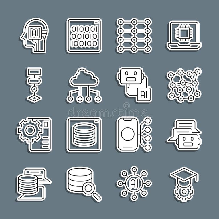Set Line Graduation Cap Chat Bot Neural Network Network Cloud