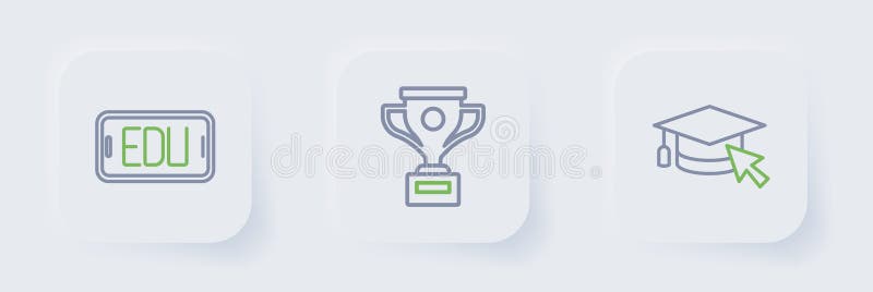 Set Line Graduation Cap with Cursor, Award Cup and Online Education ...