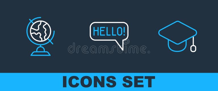 Set Line Graduation Cap, Earth Globe and Hello in Different Languages ...