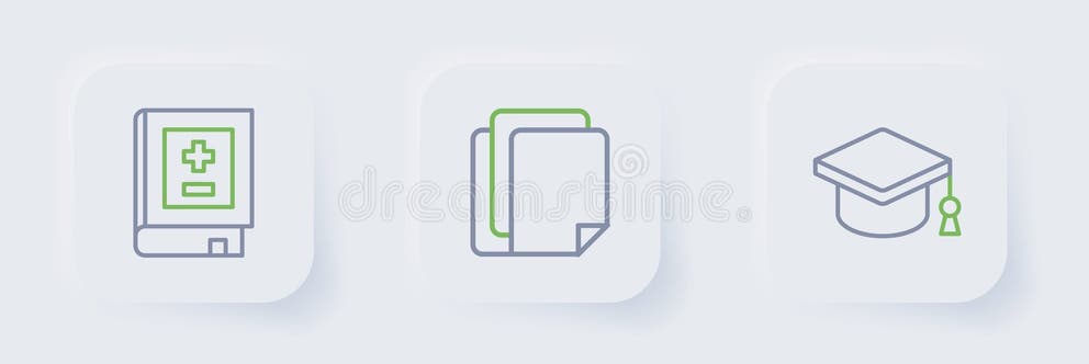 Set Line Graduation Cap, File Document and Book with Mathematics Icon ...