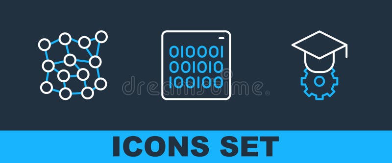 Set Line Graduation Cap, Neural Network and Binary Code Icon. Vector ...