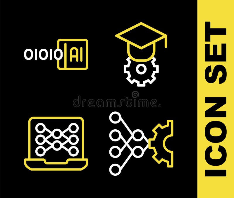 Set Line Graduation Cap, Neural Network, and Binary Code Icon. Vector ...