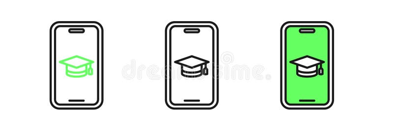 Set Line Graduation Cap on Screen Smartphone Icon Isolated on White ...