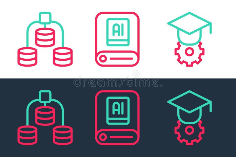Set Line Graduation Cap, Server, Data and Artificial Intelligence AI Icon. Vector Stock Vector ...