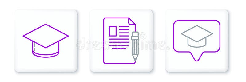 Set Line Graduation Cap in Speech Bubble, and Exam Sheet and Pencil ...