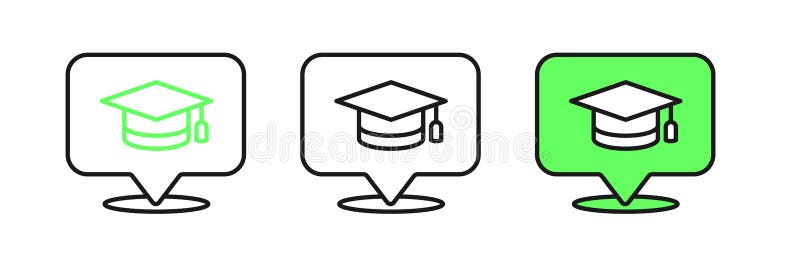 Set Line Graduation Cap in Speech Bubble Icon Isolated on White ...