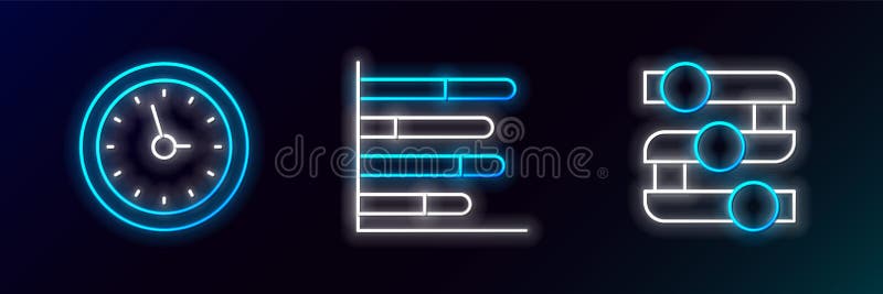 Set Line Graph, Chart, Diagram, Clock and Pie Infographic Icon. Glowing ...