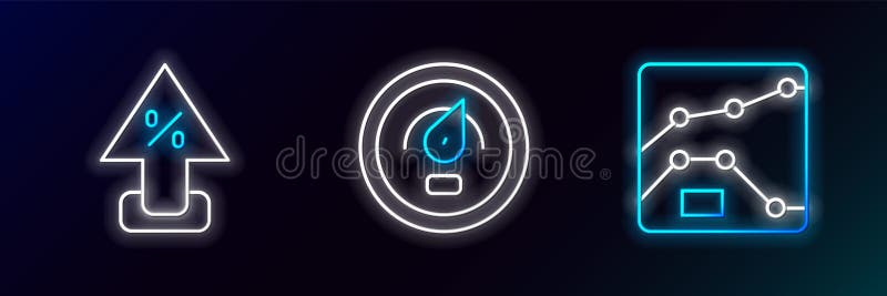 Set Line Graph, Chart, Diagram, Percent Up Arrow and Digital Speed Meter Icon. Glowing Neon ...
