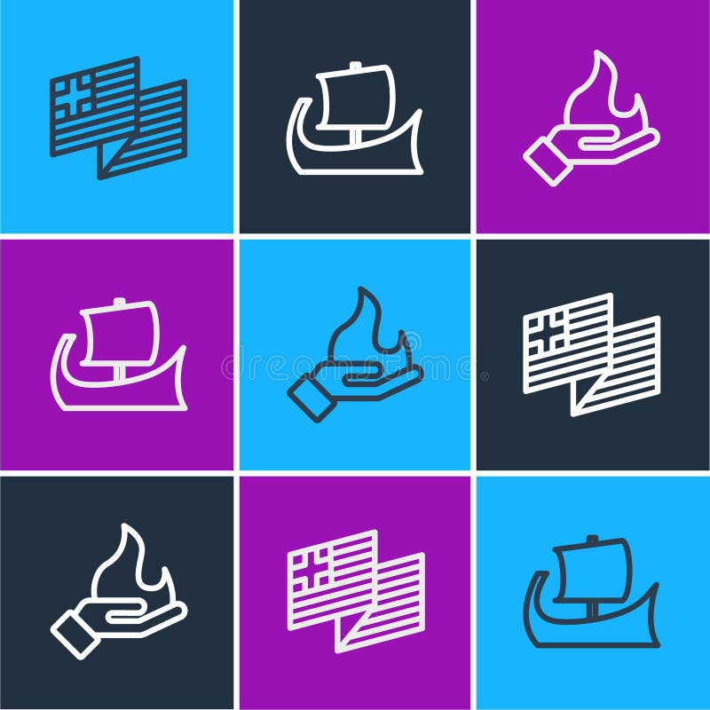 Set Line Greece National Flag, Hand Holding Fire and Greek Trireme Icon ...
