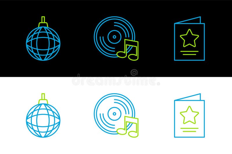 Set Line Greeting Card, Disco Ball and Vinyl Disk Icon. Vector Stock ...