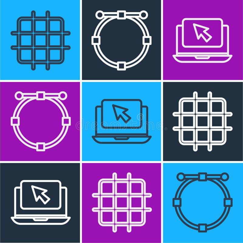 Set Line Grid Graph Paper, Laptop and Cursor and Circle with Bezier ...