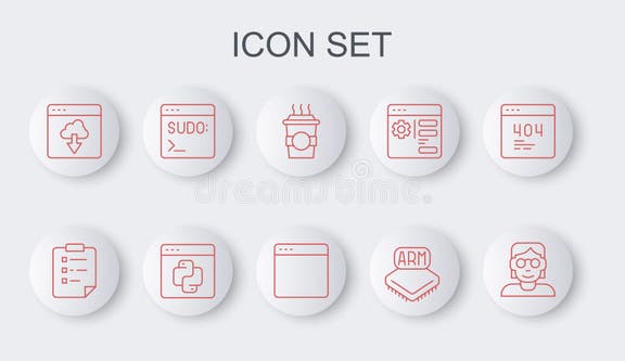 Set Line Hacker or Coder, Clipboard with Checklist, Coffee Cup To Go, Processor, Cloud ...