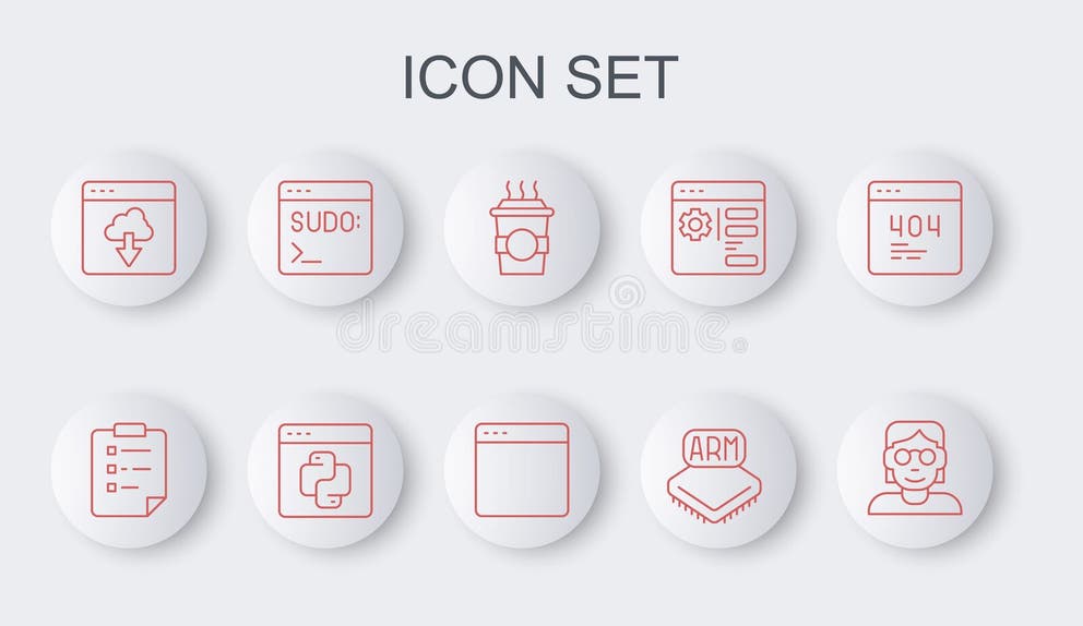 Set Line Hacker or Coder, Clipboard with Checklist, Coffee Cup To Go, Processor, Cloud ...