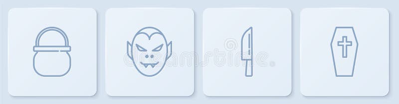 Set Line Halloween Witch Cauldron, Knife, Vampire and Coffin with Cross ...